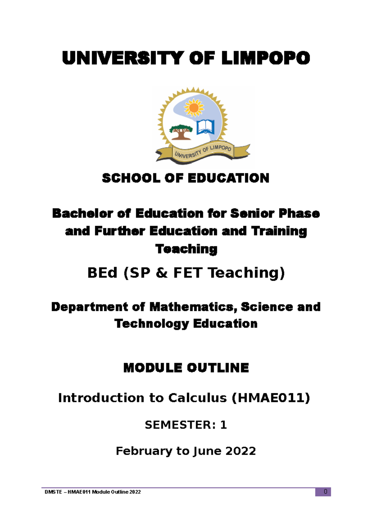 HMAE011 Module Outline - UNIVERSITY OF LIMPOPO SCHOOL OF EDUCATION ...