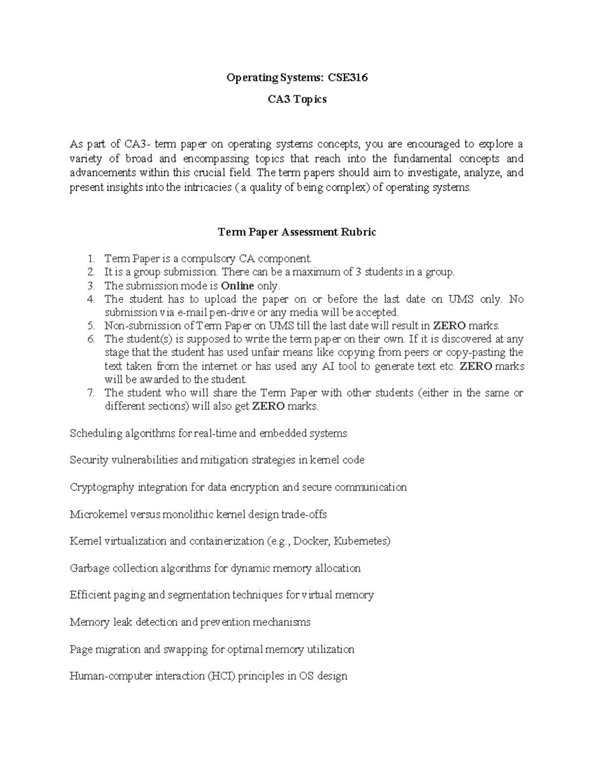 CA3 Topics - Operating Systems: CSE CA3 Topics As part of CA3- term paper on operating systems ...
