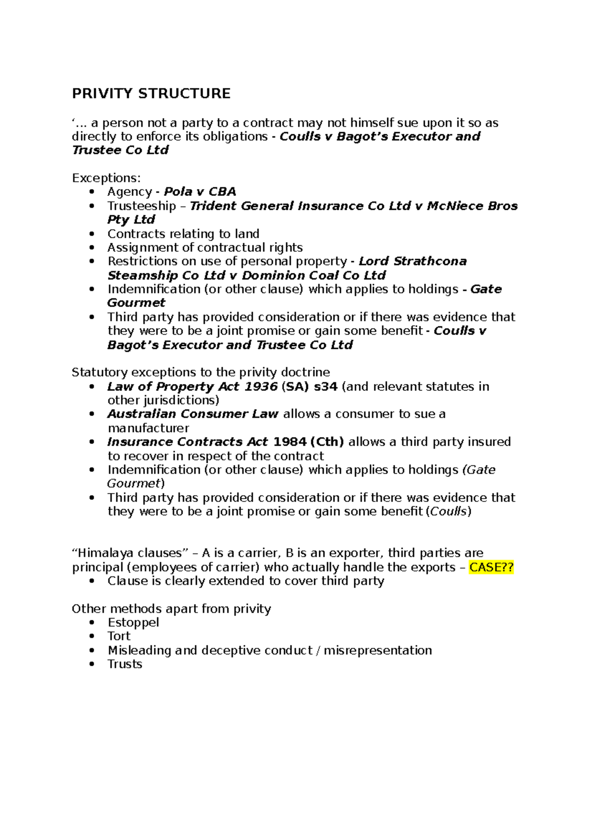 Topic 9 - Privity Summary - Contracts A - PRIVITY STRUCTURE ‘... a ...