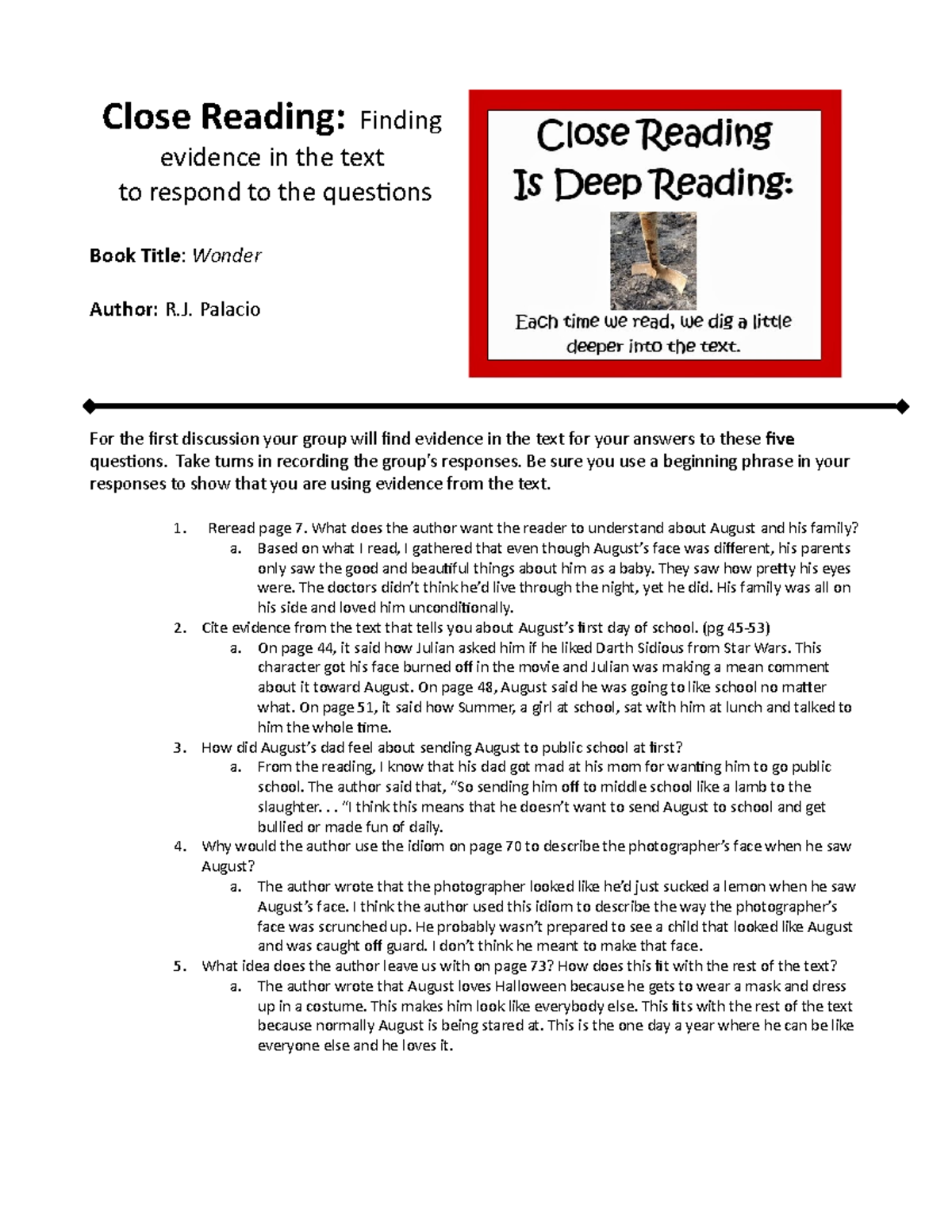 Close Reading Literature Circle (teacher model) - Close Reading ...