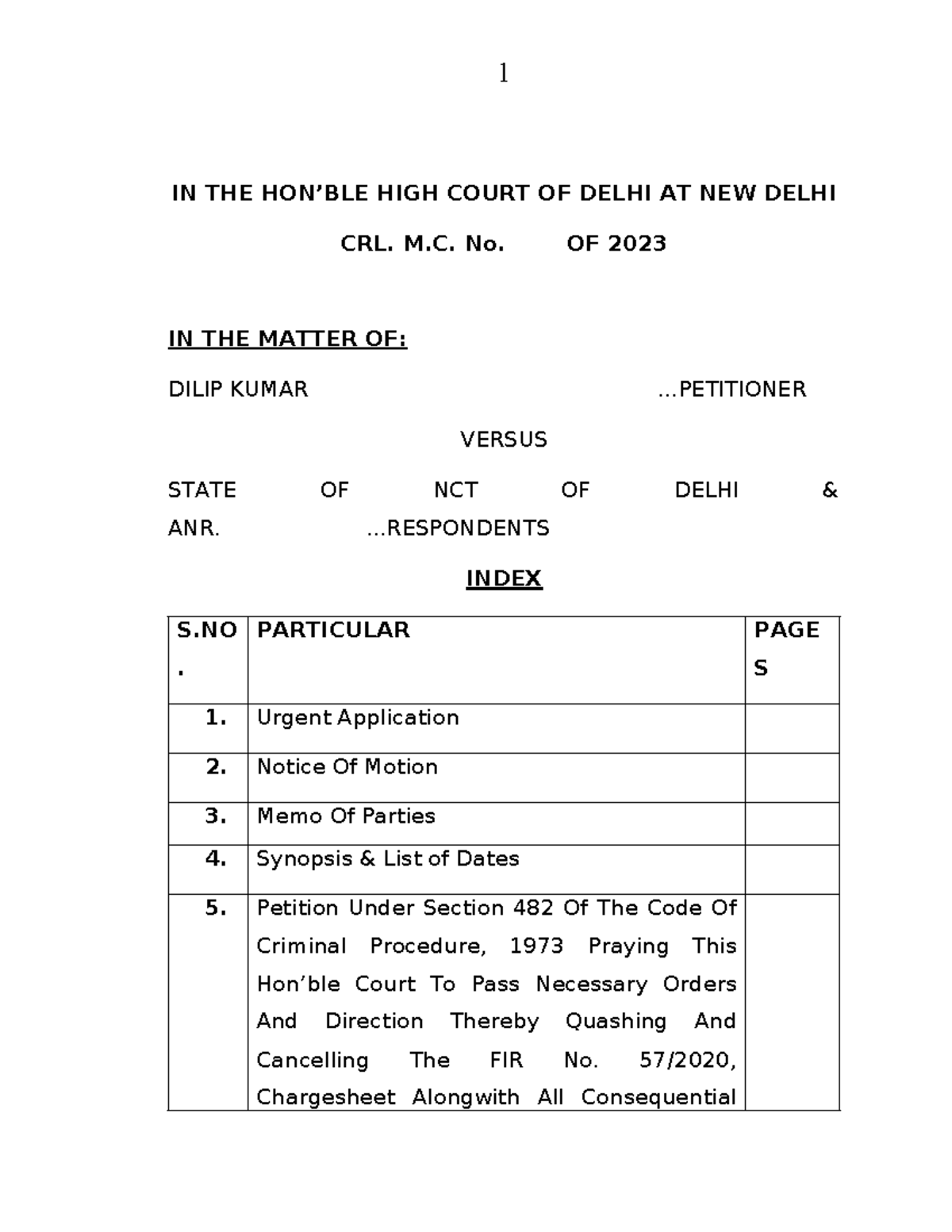 Quashing Petition - IN THE HON’BLE HIGH COURT OF DELHI AT NEW DELHI CRL ...