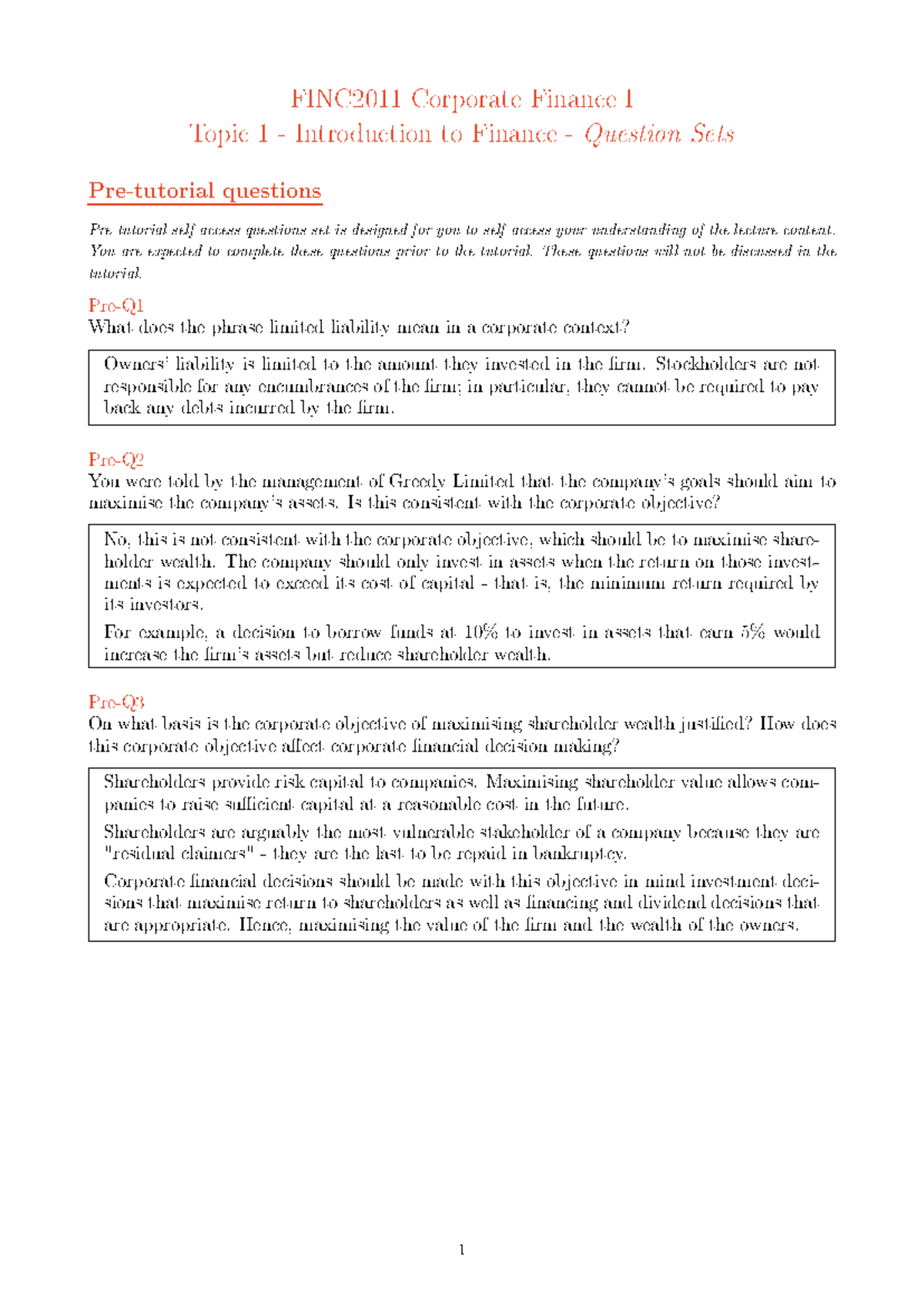 Tutorial 1) FINC2011 : Topic 1 Introduction to Finance - FINC 2011 ...