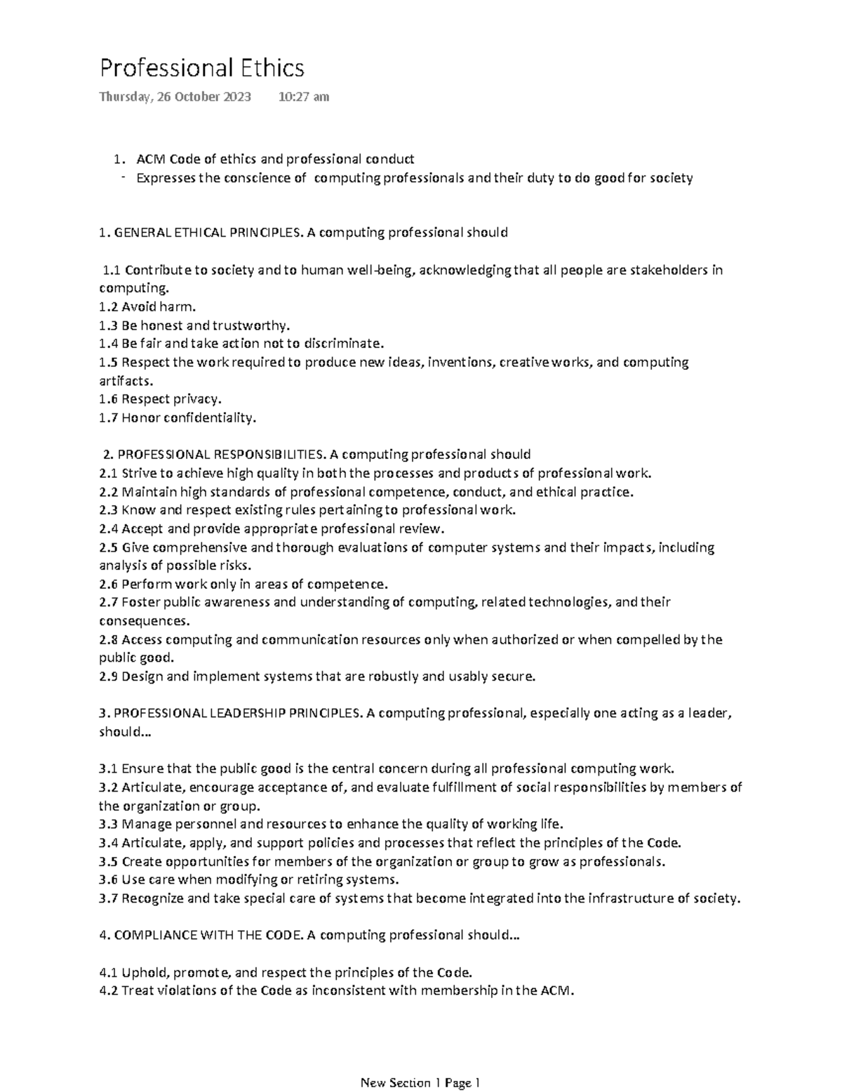 Professional Ethics - Summary notes - ACM Code of ethics and ...