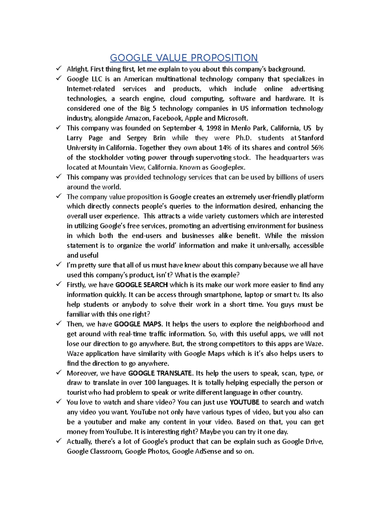 Google Value Proposition - GOOGLE VALUE PROPOSITION Alright. First ...