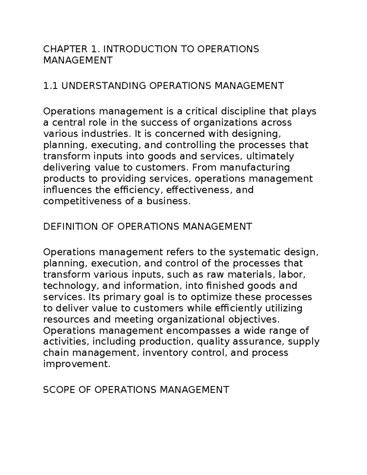 Terms in Operations Management - CHAPTER 1. INTRODUCTION TO OPERATIONS MANAGEMENT 1 ...