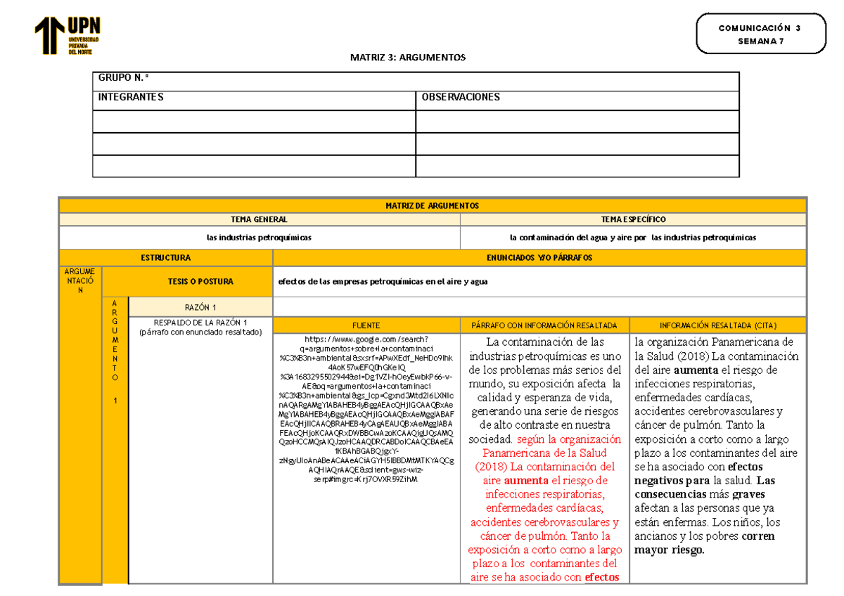 Matriz 3 S7 COMU3 2023-1 (3) (1) - MATRIZ 3: ARGUMENTOS GRUPO N. o ...
