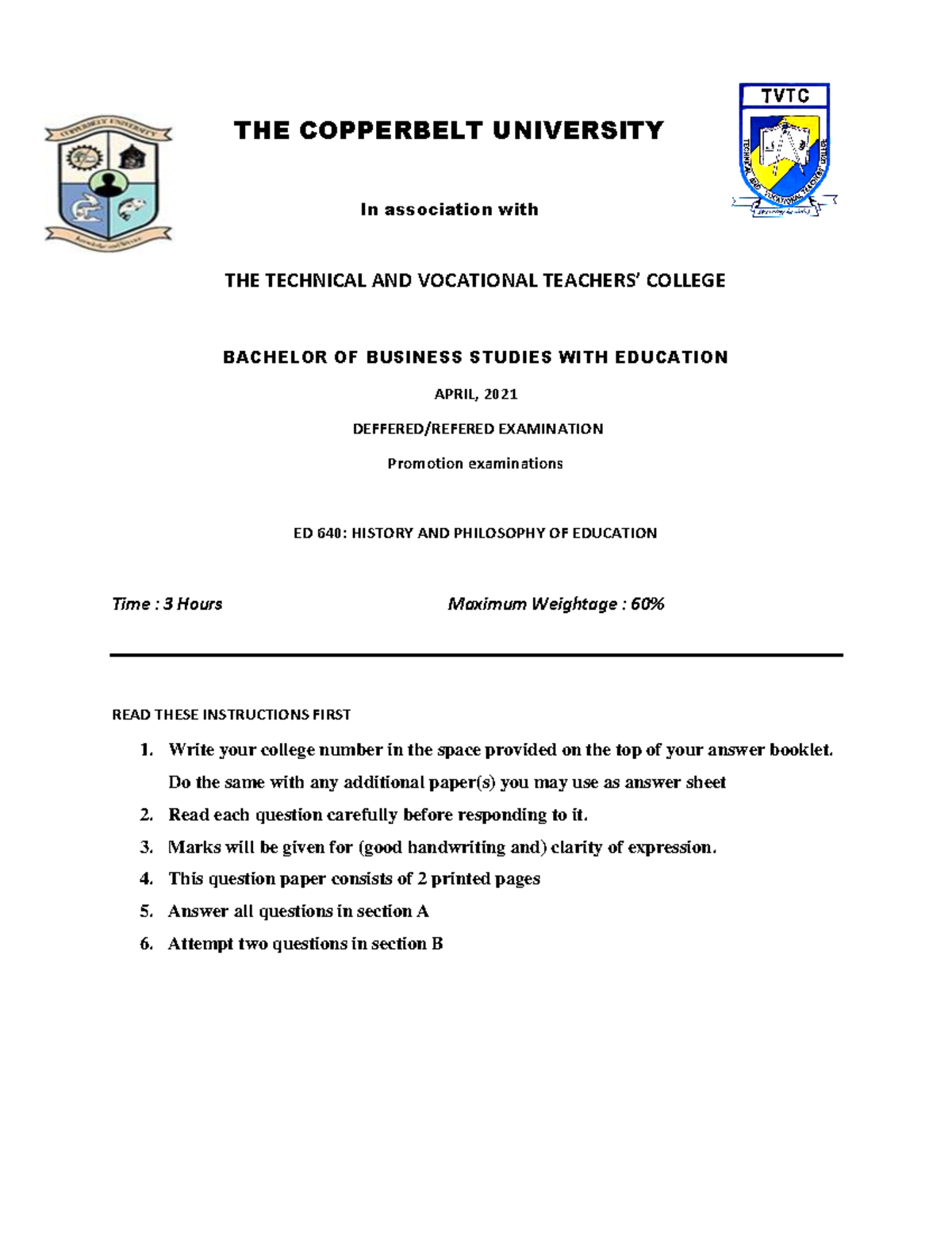 CBU Degree - philosophy - THE COPPERBELT UNIVERSITY In association with ...