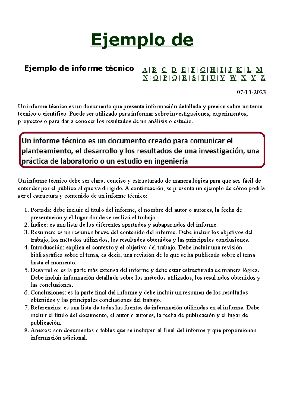 Ejemplo de informe técnico - Ejemplo de informe técnico Ejemplo de A | B | C | D | E | F | G | H ...