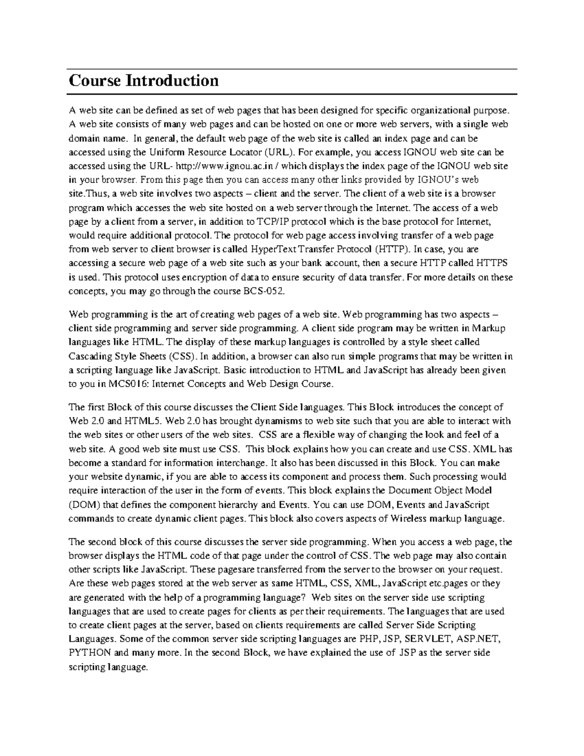 Block-01 Client side - Course Introduction A web site can be defined as ...