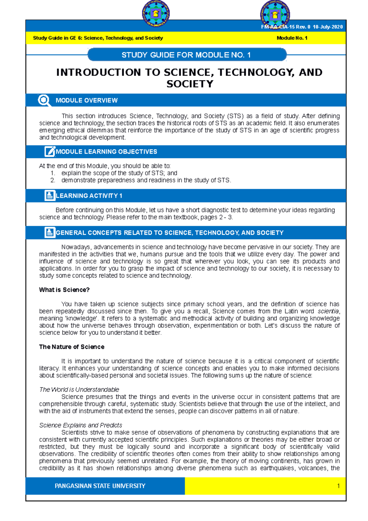 Study- Guide-1 Introduction to Science, Technology and Society ...