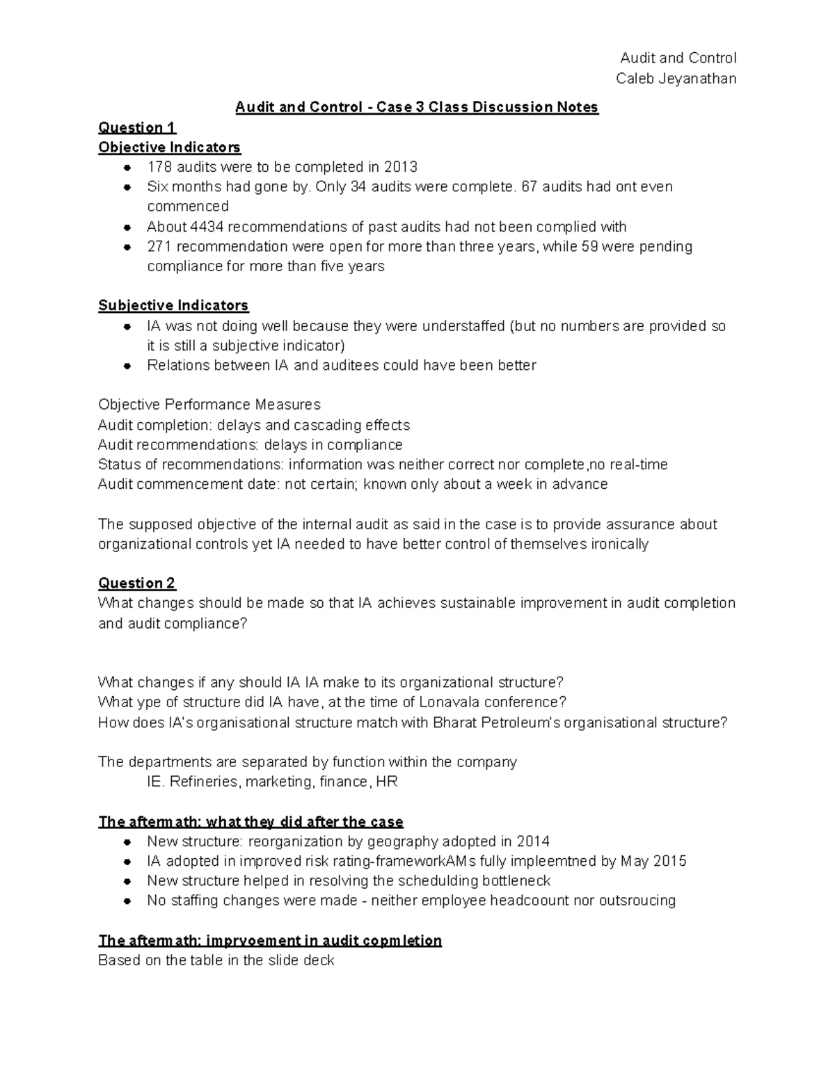 Audit and Control - Case 3 Class Discussion Notes - Google Docs - Audit ...