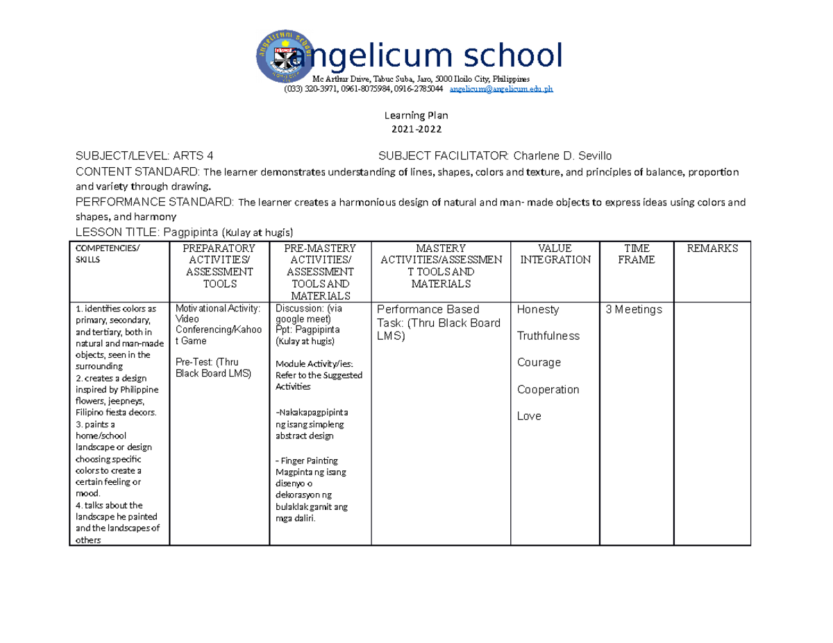 ARTS 4- Learning Plan (Pagpinta,Kulay at Hugis) - angelicum school Mc ...