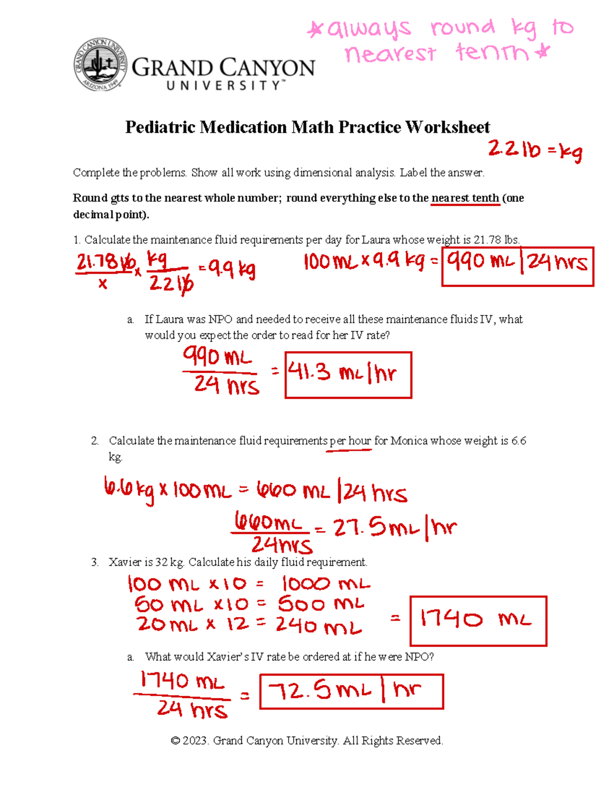 Pediatric Medication Math Practice Worksheet - © 2023. Grand Canyon ...
