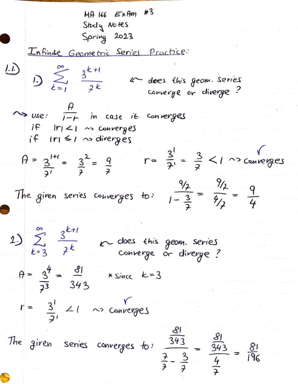 MA166 Exam 3 Practice Problems Notes 2023 - kA- ,,. 6 t:=1 m Sfv No fe ...
