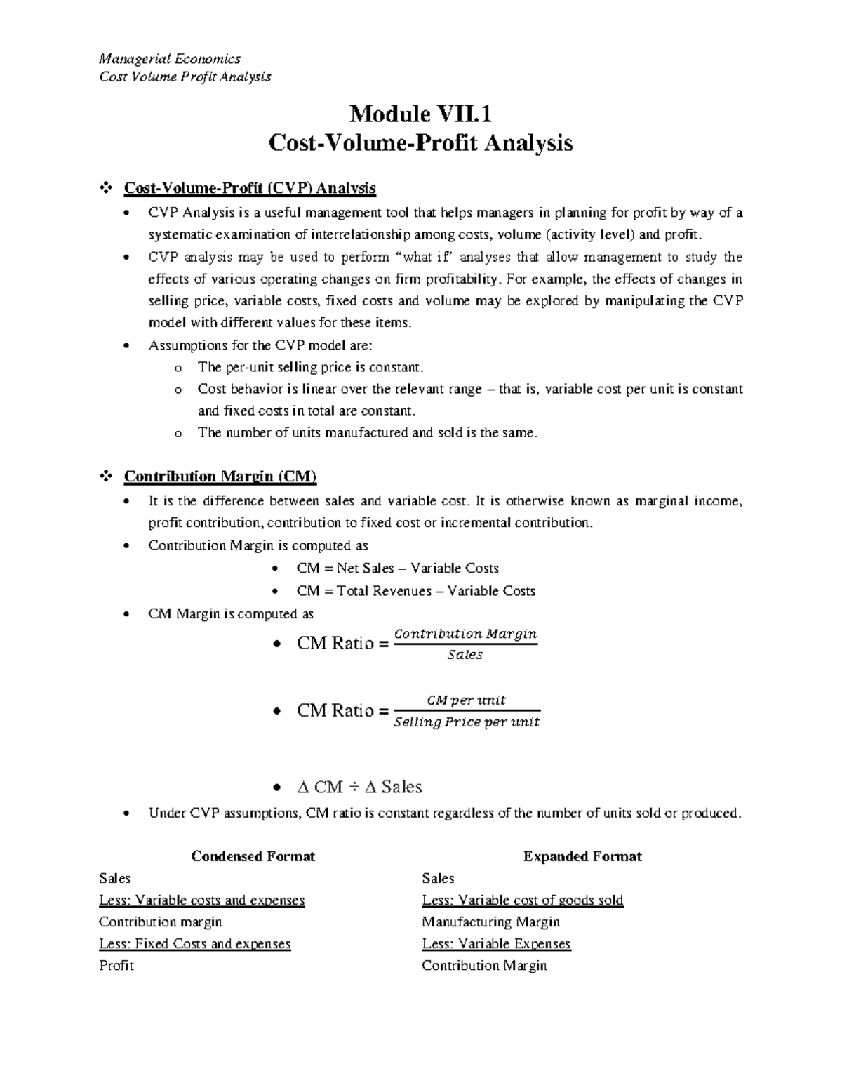 Cost-Volume-Profit - Cost Volume Profit Analysis Module VII. Cost ...