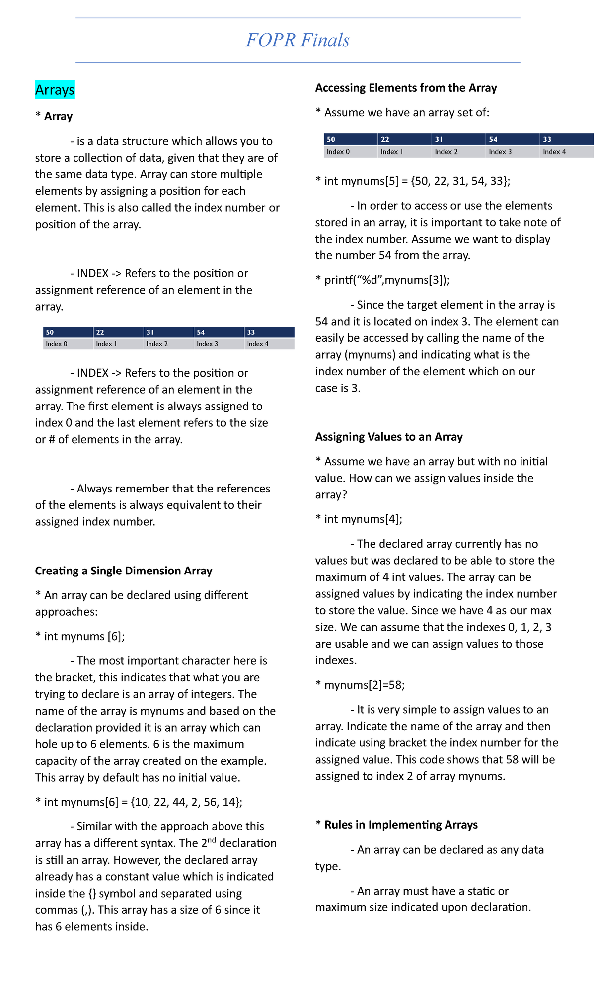 FOPR finals reviewer par - FOPR Finals Arrays Array is a data structure which allows you to ...