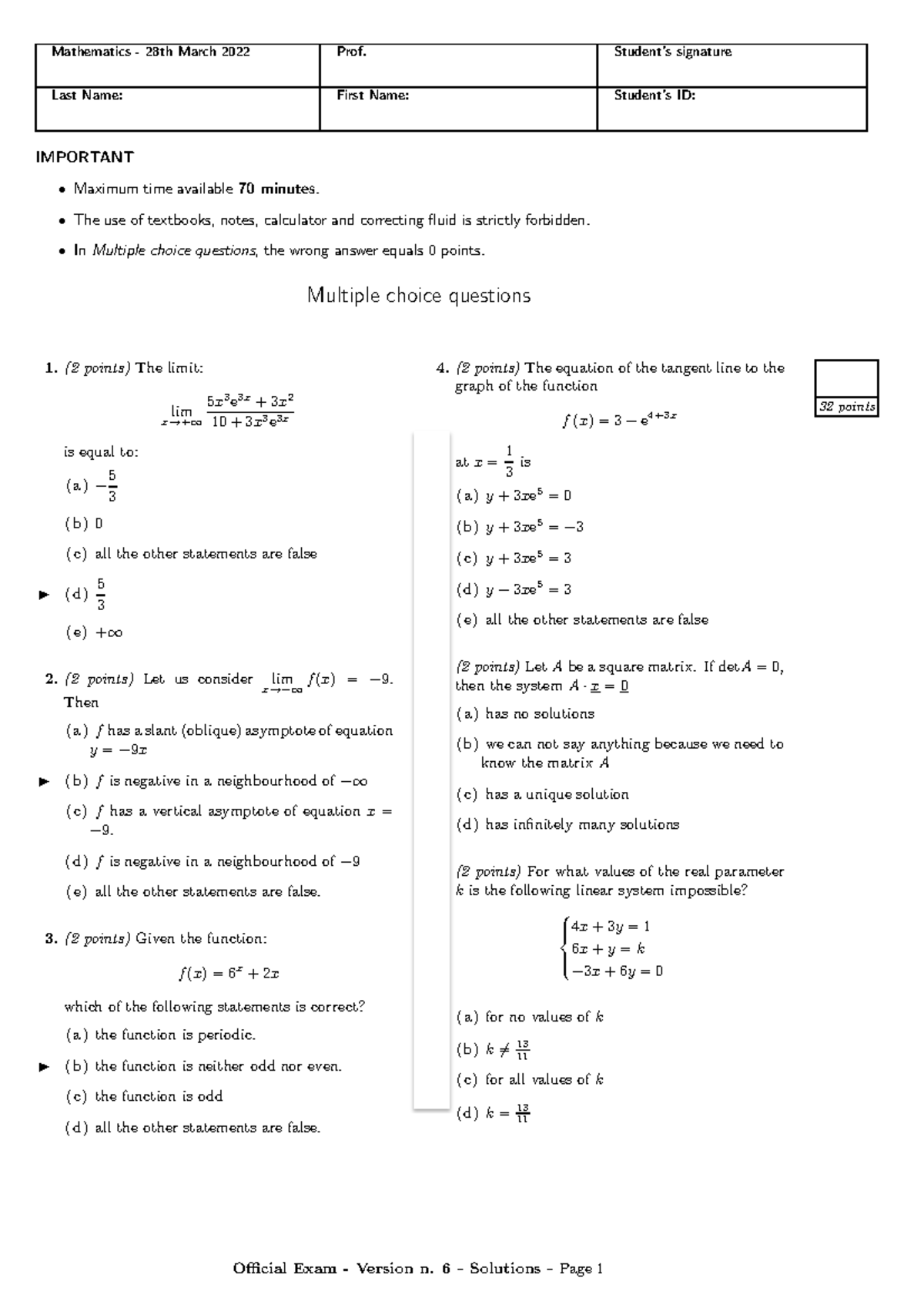 Official exam 2022 - Mathematics - 28th March 2022 Prof. Student’s ...