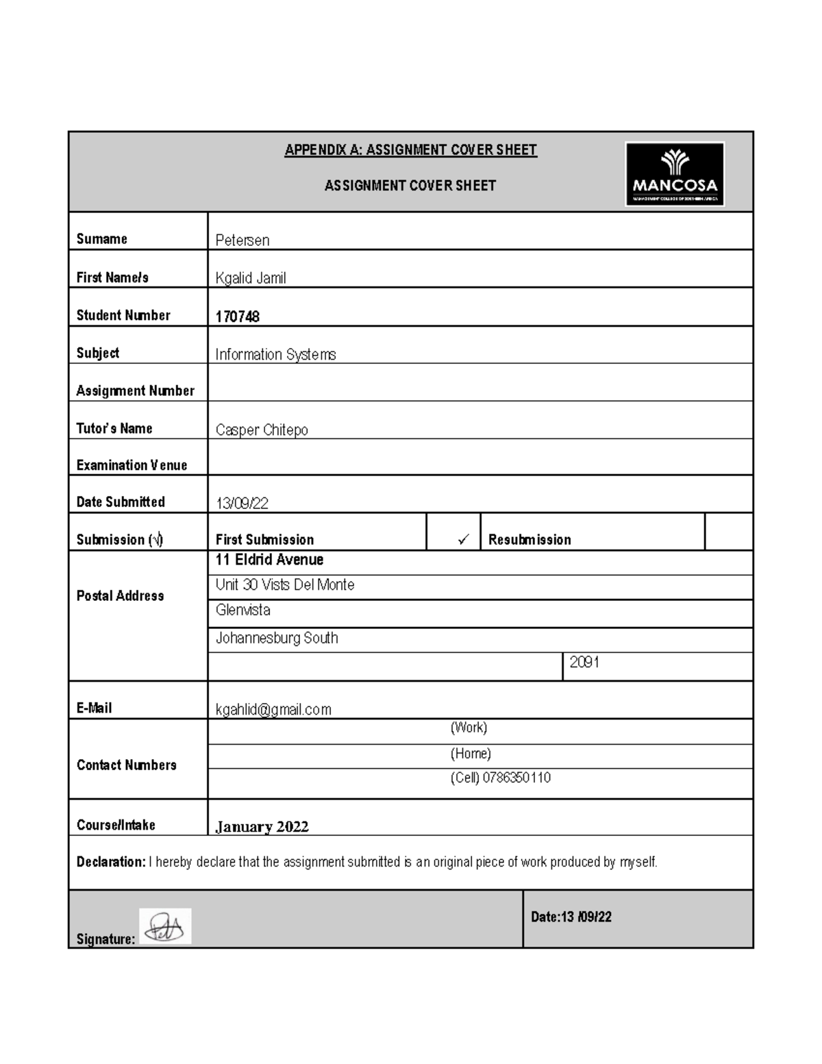 Information Systems case study - APPENDIX A: ASSIGNMENT COVER SHEET ...