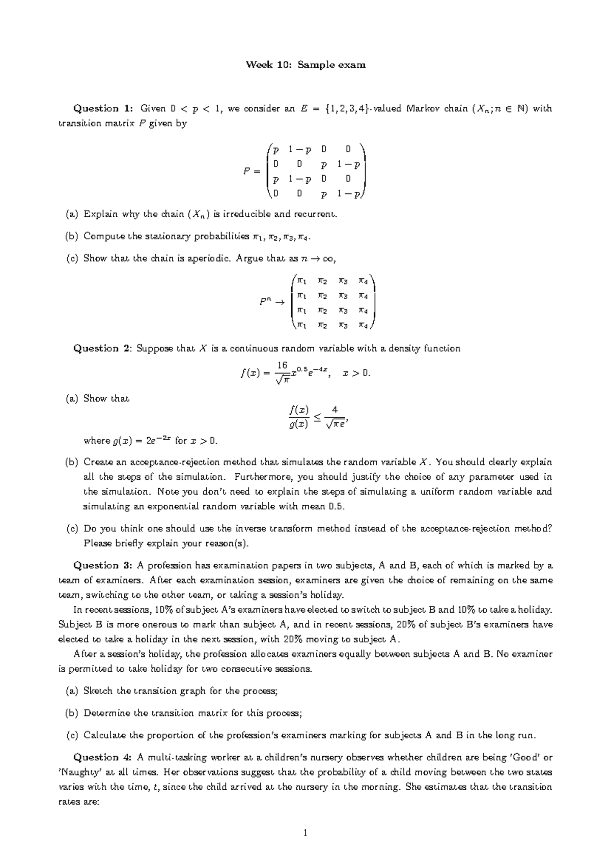 Week10 Sample Exam(Corrected) - Week 10: Sample exam Question 1: Given 0