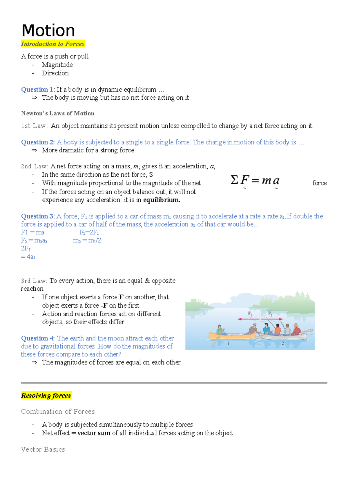 PHY1171 Sem1 revision notes - Motion Introduction to Forces A force is ...