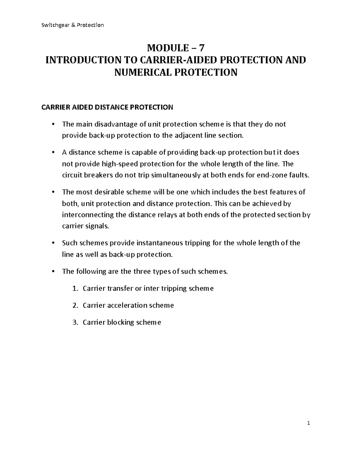Module-7 Introduction to Carrier-Aided Protection and Numerical Protection - MODULE – 7 ...