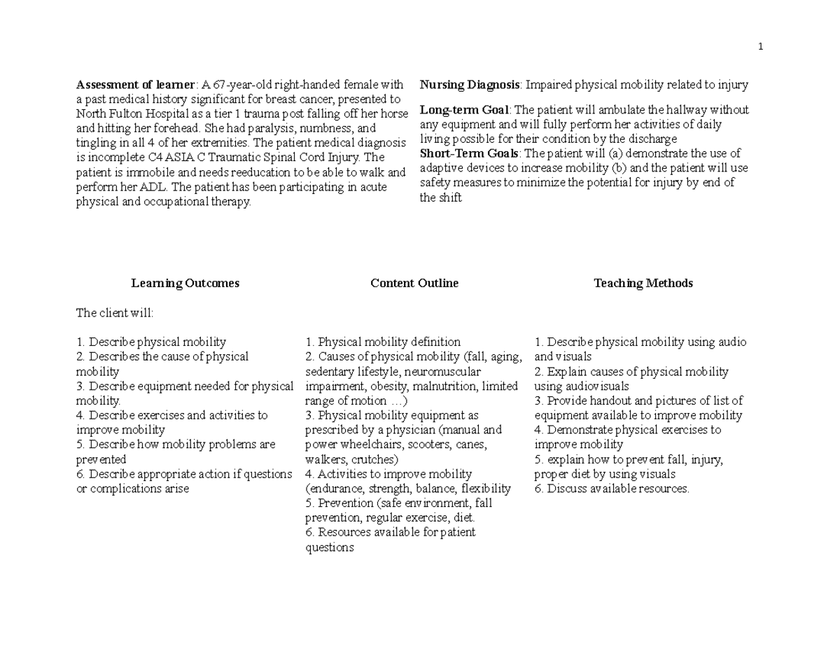 MOI Sample Teaching Plan - 1 Assessment of learner: A 67-year-old right ...