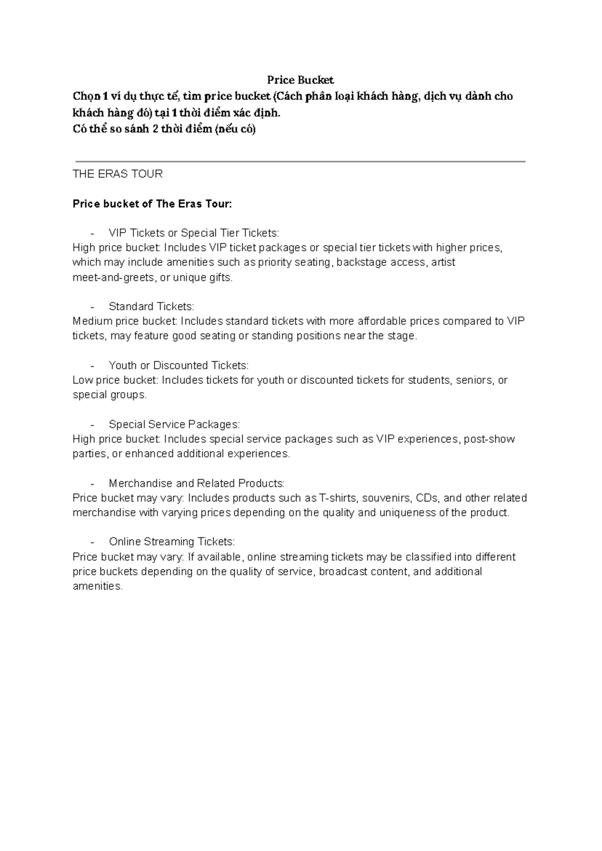 Pricing & Revenue ERAS TOUR - Price Bucket Chọn 1 ví dụ thực tế, tìm ...