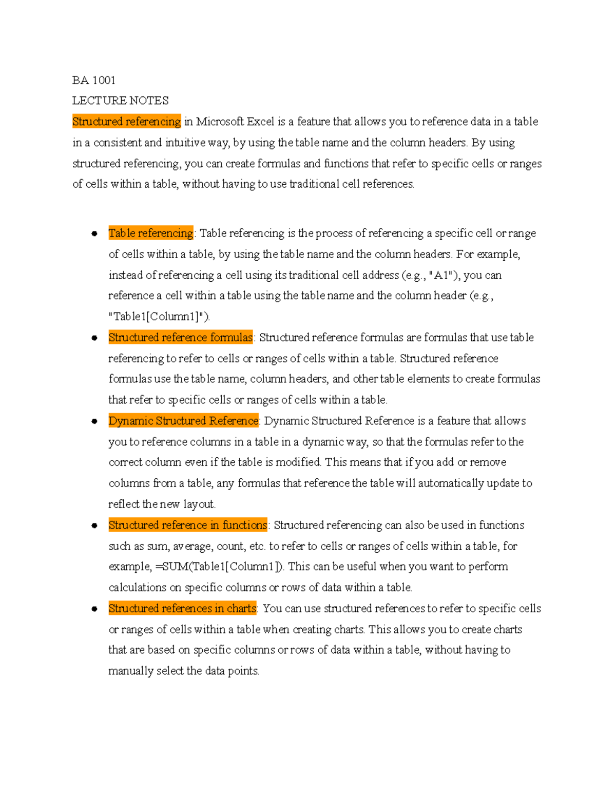 Structured Referencing - BA 1001 LECTURE NOTES Structured referencing ...