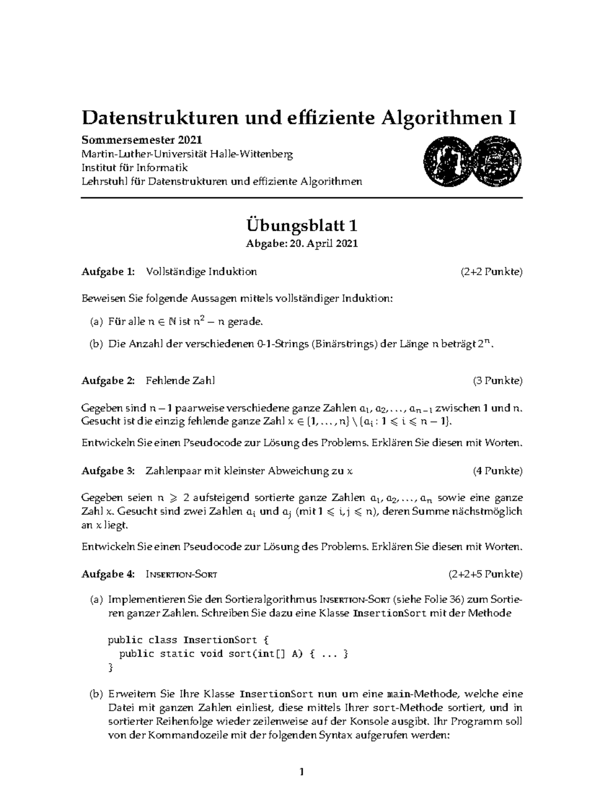 Übungsaufgaben DEA - Datenstrukturen und effiziente Algorithmen I Sommersemester 2021 - Studocu