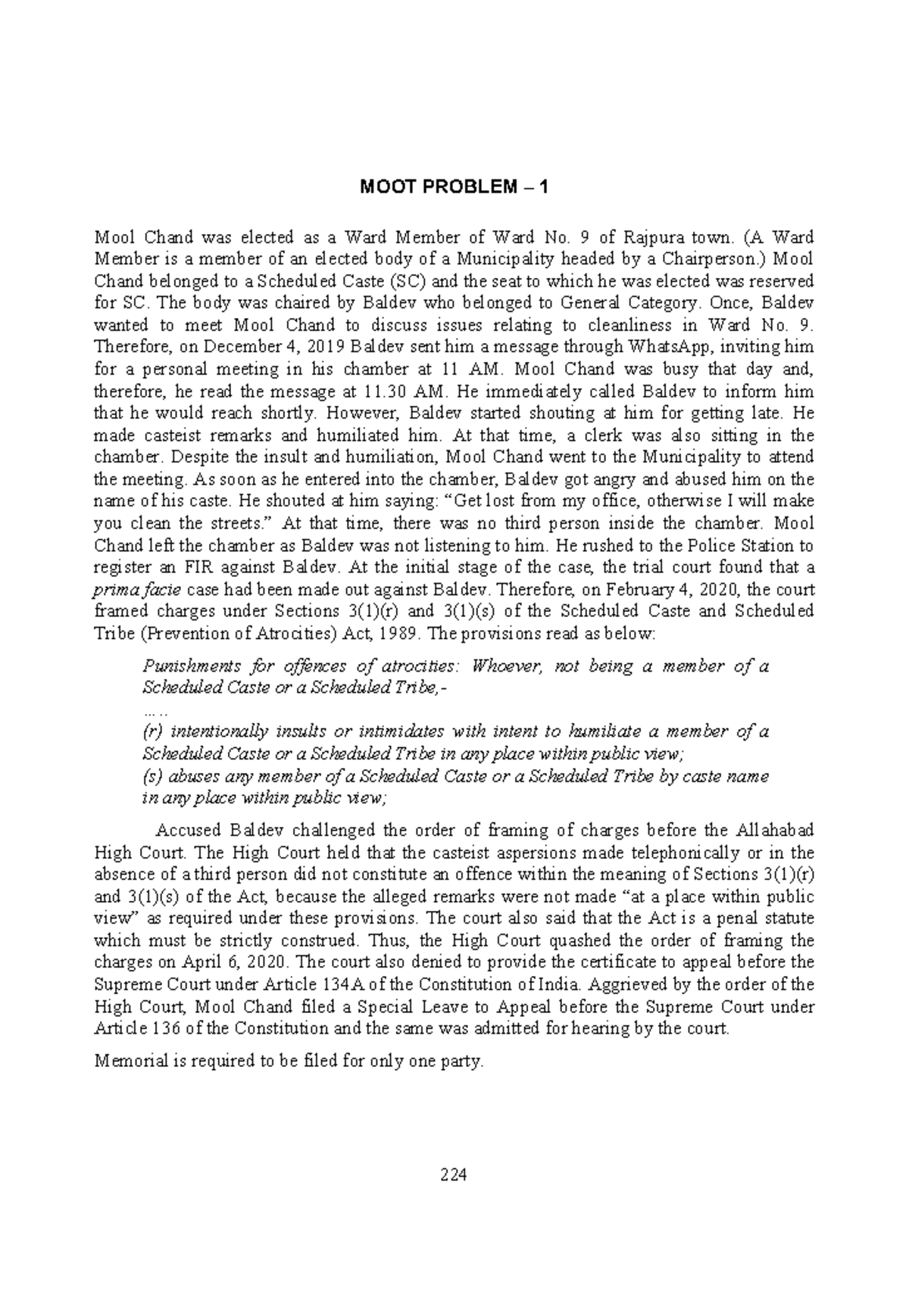 Moot questions 1-6 - MOOT PROBLEM – 1 Mool Chand was elected as a Ward ...