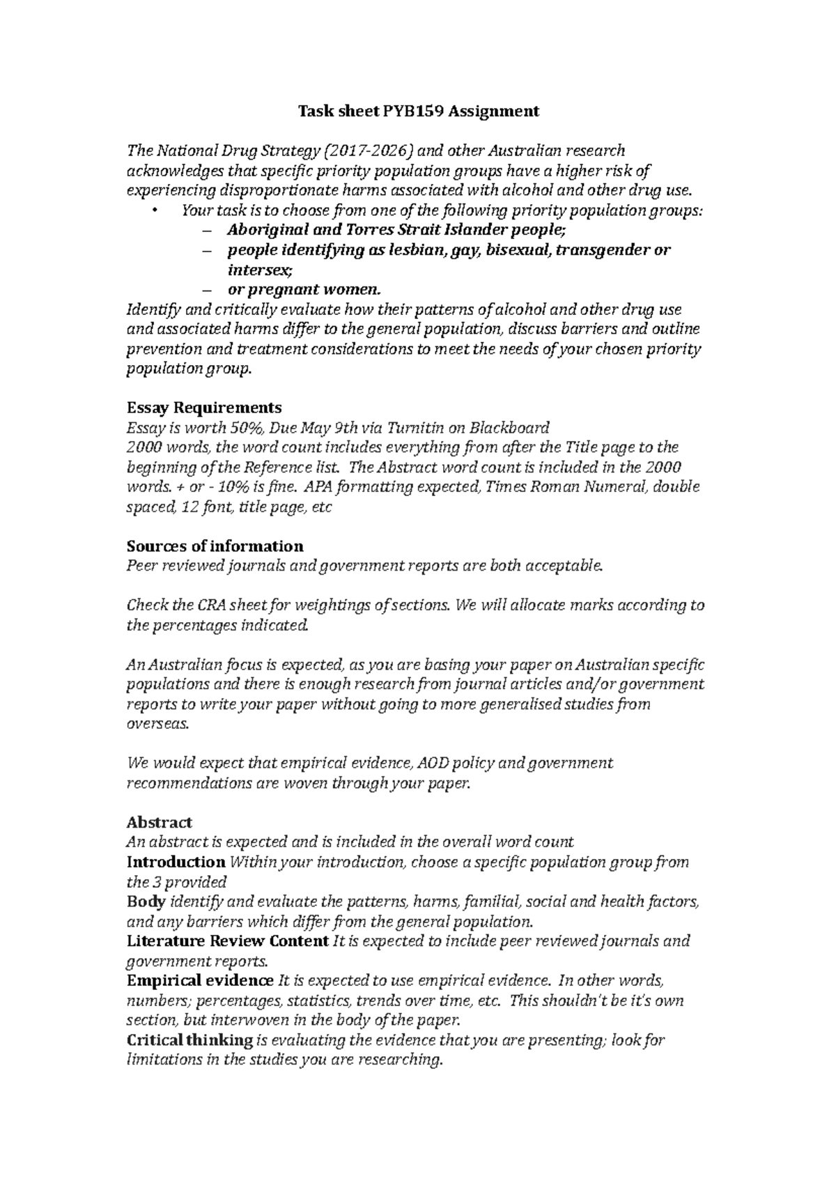 Task sheet PYB159 Assignment - Your task is to choose from one of the ...