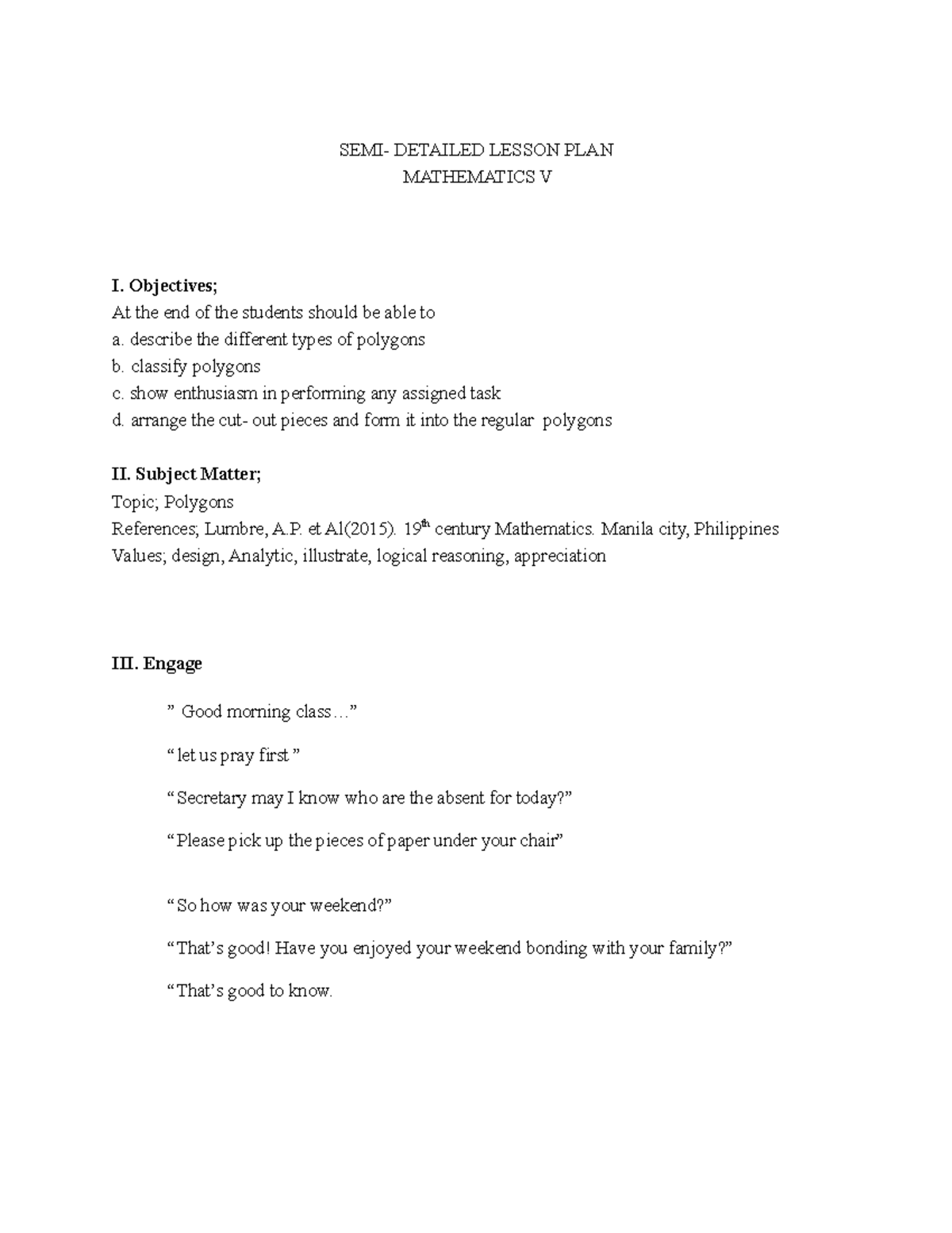 Math lp - Guide - SEMI- DETAILED LESSON PLAN MATHEMATICS V I ...