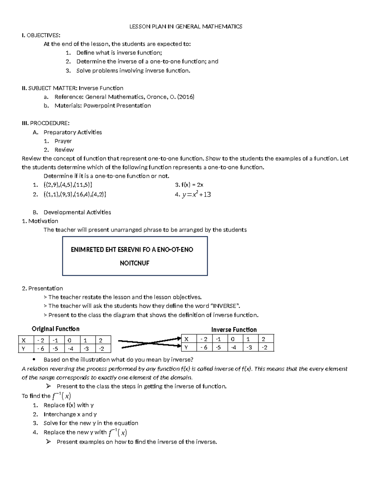 Lesson PLAN IN inverse function - LESSON PLAN IN GENERAL MATHEMATICS I ...