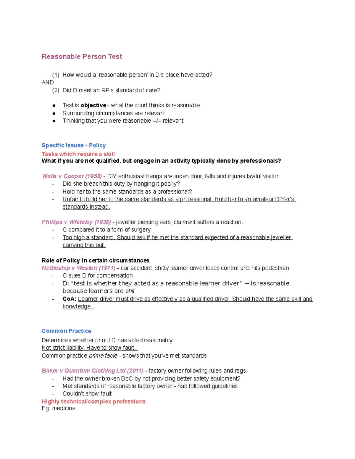 Breach of Duty Lecture Notes - Reasonable Person Test (1) How would a ...