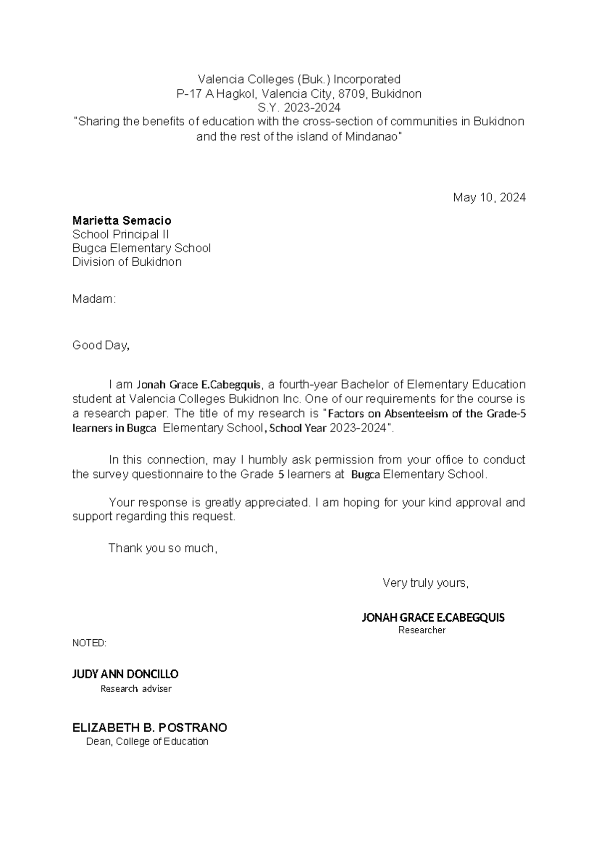 Cheryl-Permission-Letter - Valencia Colleges (Buk.) Incorporated P-17 A ...