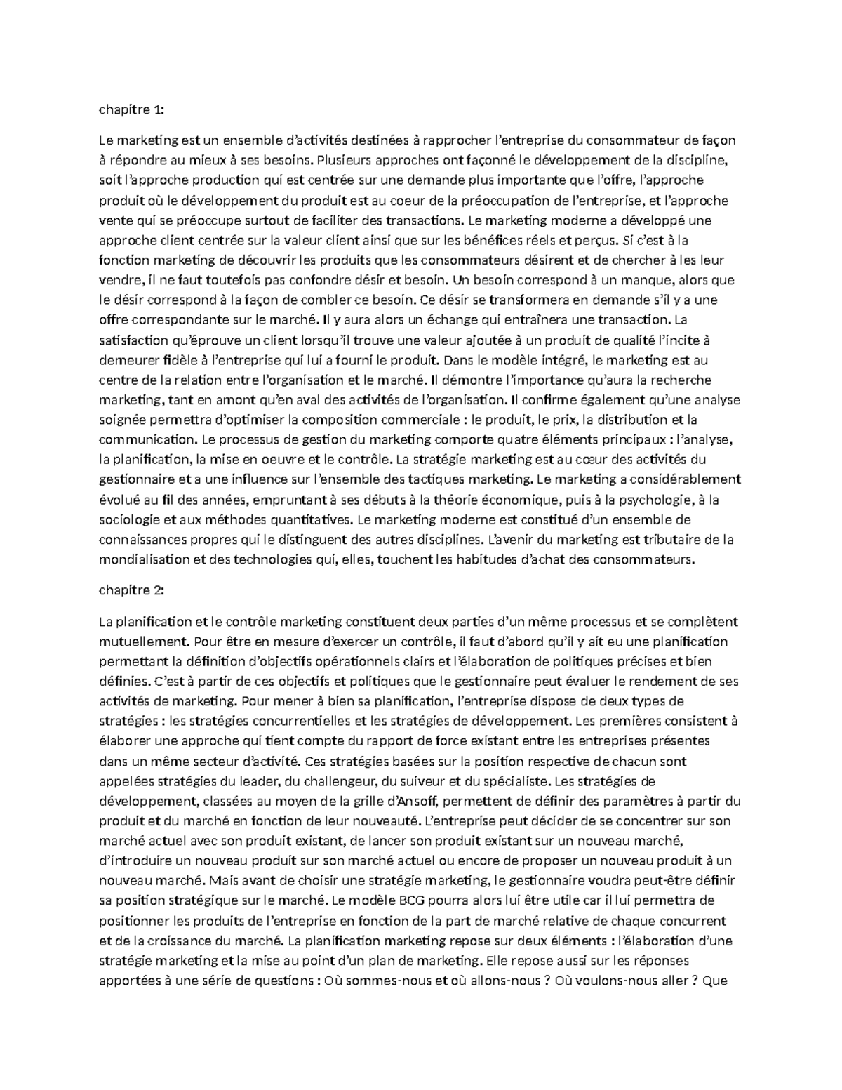 Résumés + flashcards - Résumé Introduction au Marketing - chapitre 1: Le marketing est un ...