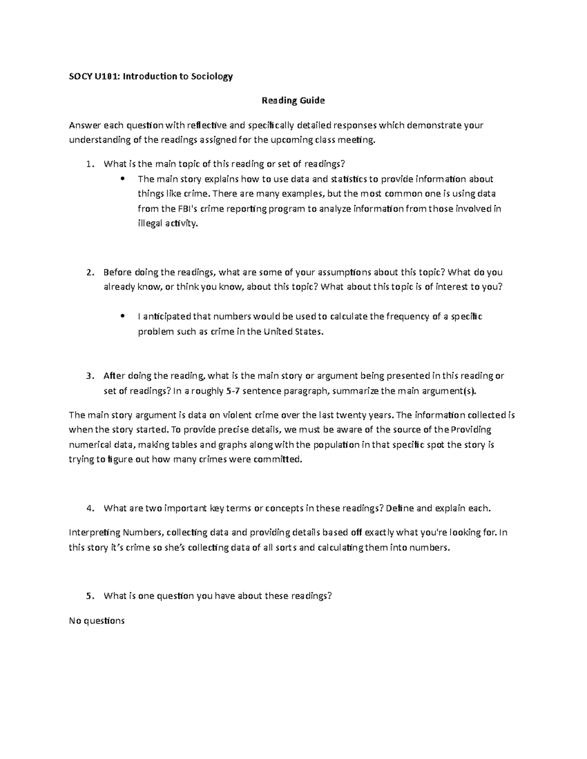 RG for Intro(1) - Reading Guide - SOCY U101: Introduction to Sociology ...