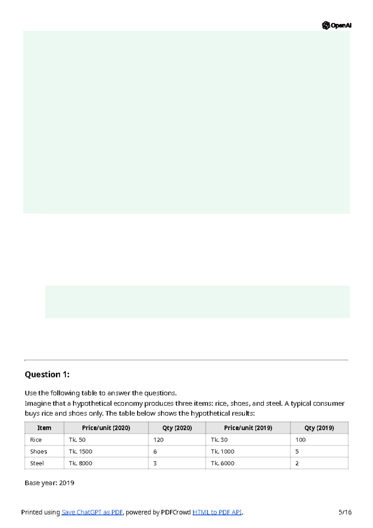 GDP CPI Unemployment Calculations (1) - Question 1: Use the following ...