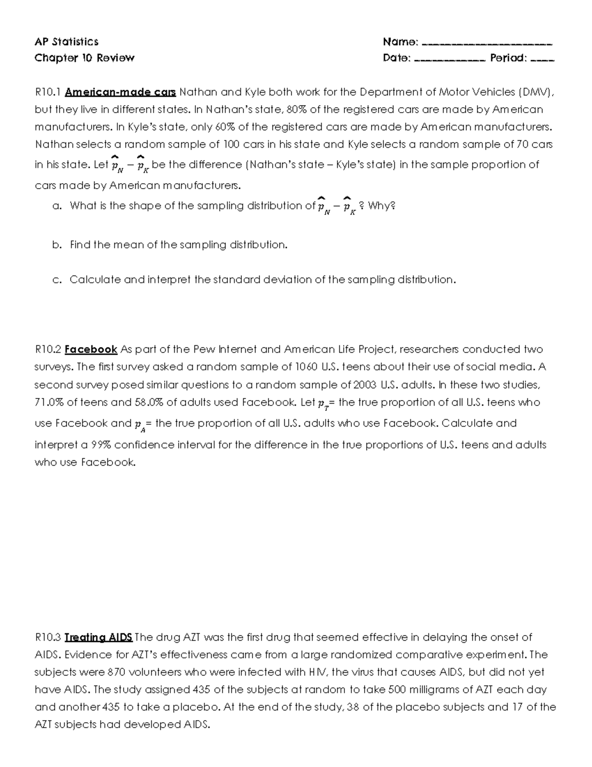 2ewdl'dcvfbghnj - AP Statistics Name: ______________________ Chapter 10 ...
