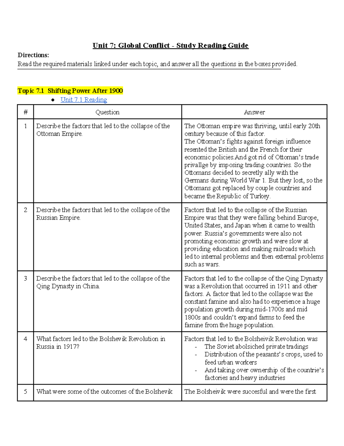 Unit 7: Global Conflict - Study Reading Guide - Topic 7 Shifting Power ...