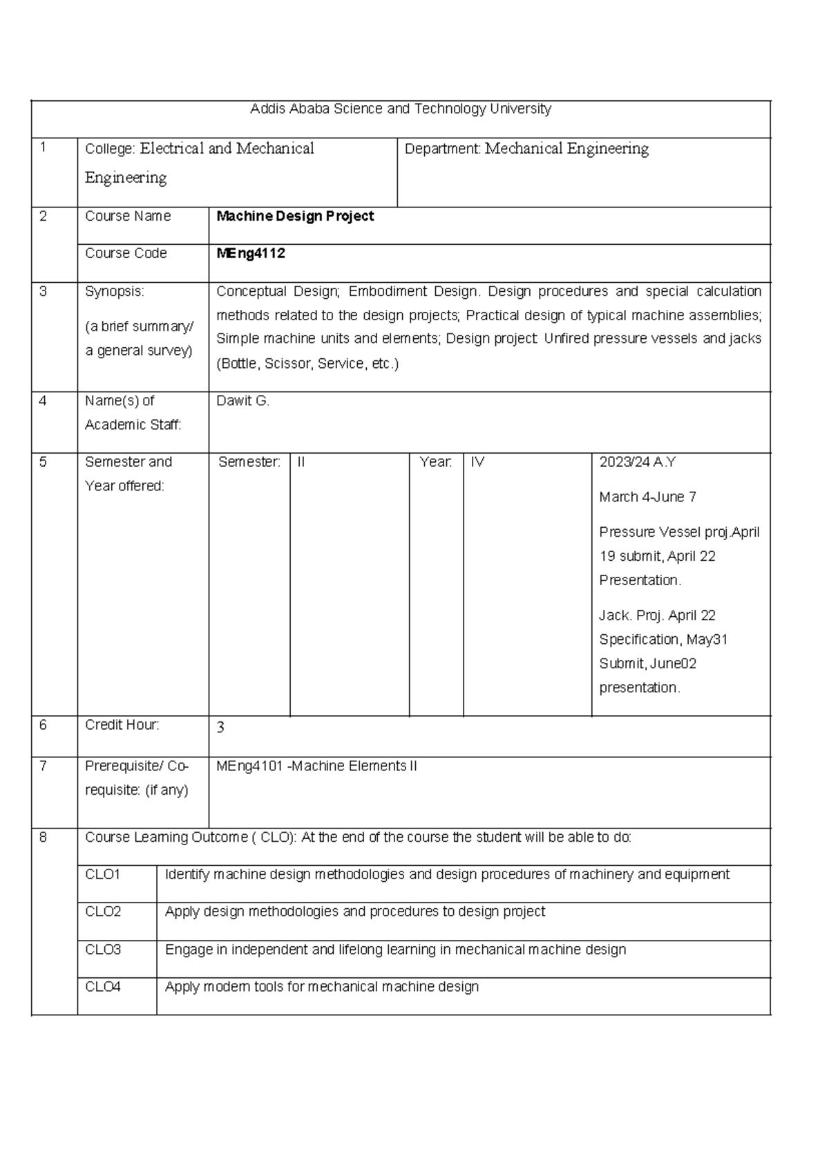 Machine Design Project Cour Outl 2024 - Addis Ababa Science and ...