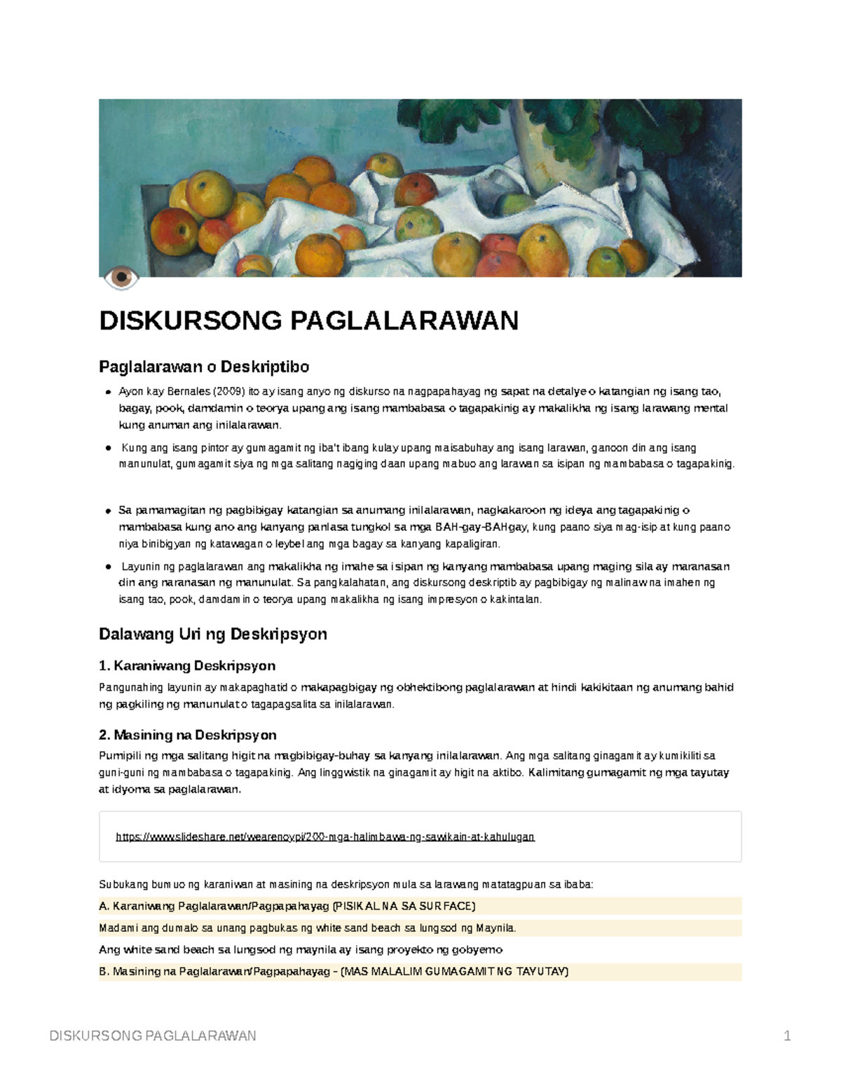 Diskursong Paglalarawan - / DISKURSONG PAGLALARAWAN Paglalarawan o ...