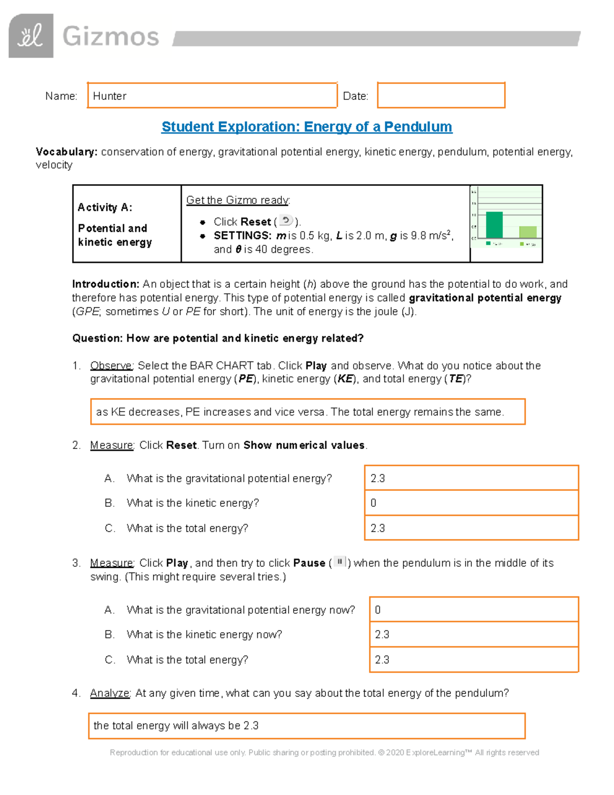 Pendulum Gizmos - Name: Hunter Date: Student Exploration: Energy of a ...
