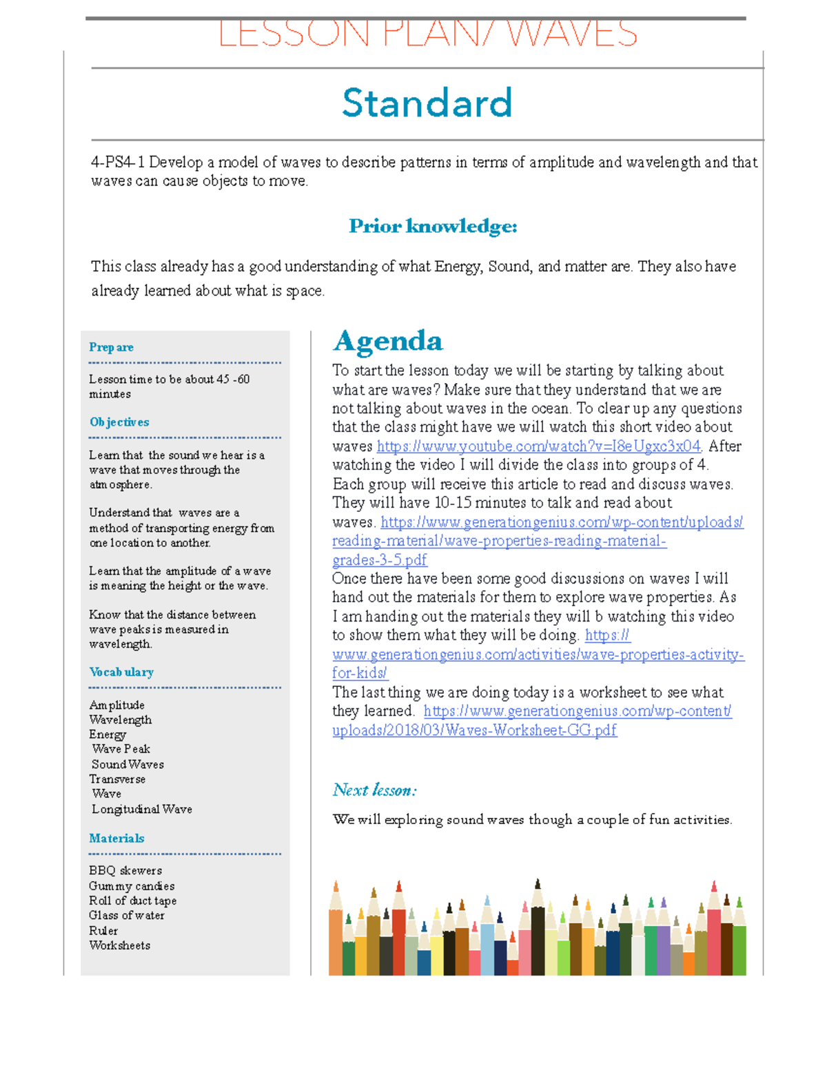 Lesson plan: Waves - Discuss the relationships among the three classic ...