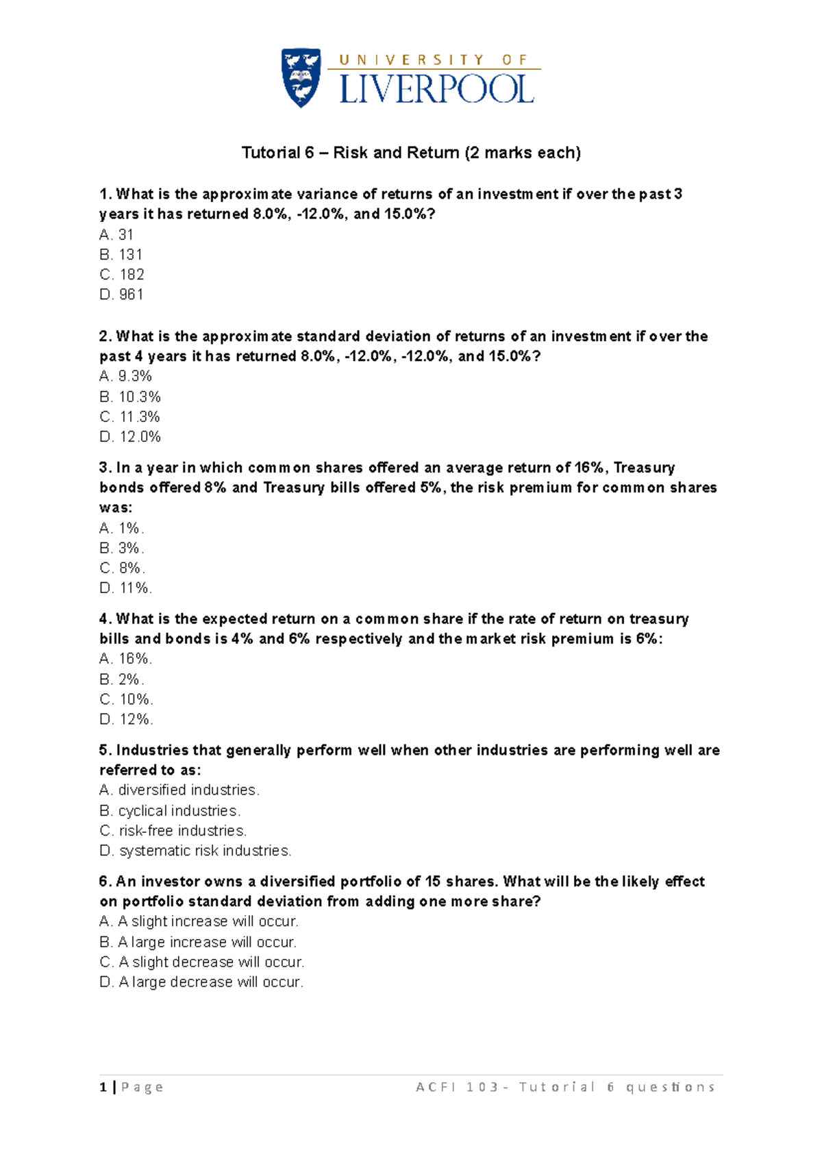 Tutorial 6 questions and solutions - Tutorial 6 – Risk and Return (2 ...