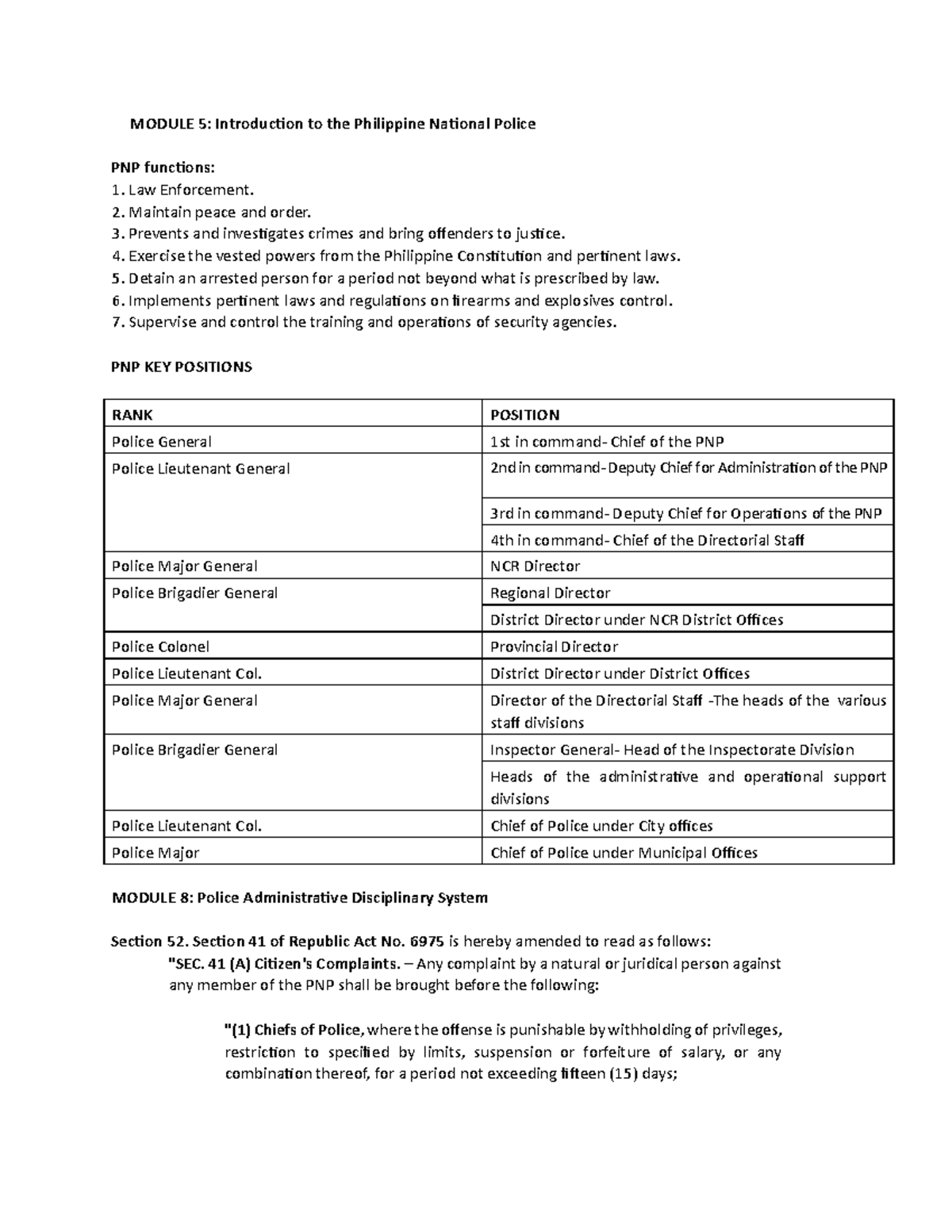 P2 LEA reviewer - MODULE 5: Introduction to the Philippine National Police PNP functions: Law ...