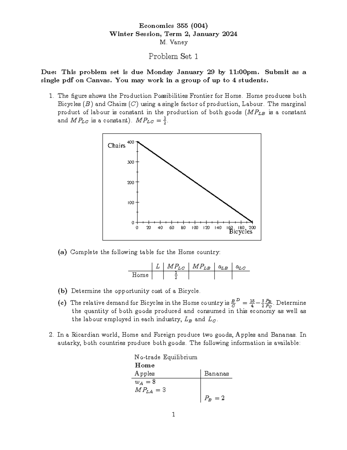 2024 - Econ 355 - Problem Set 1 - Economics 355 (004) Winter Session, Term 2, January 2024 M ...