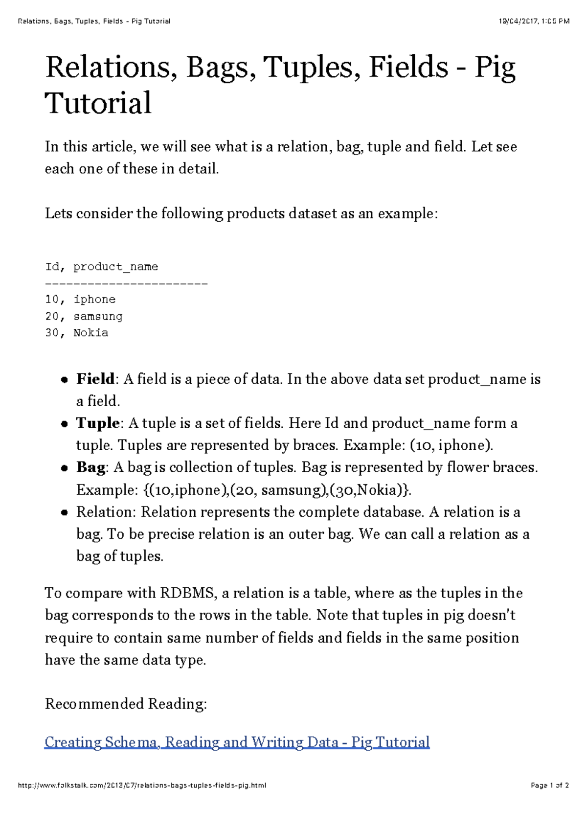 Relations, Bags, Tuples, Fields - Pig Tutorial - html Page 1 of 2 Relations, Bags, Tuples ...