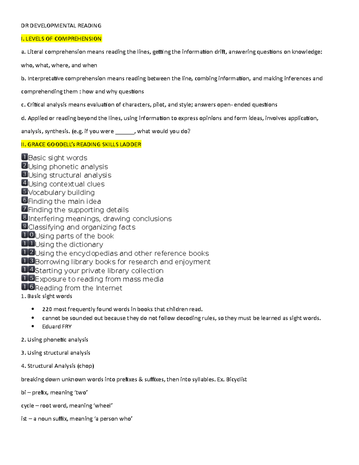 DR- Developmental- Reading - DR DEVELOPMENTAL READING I. LEVELS OF ...