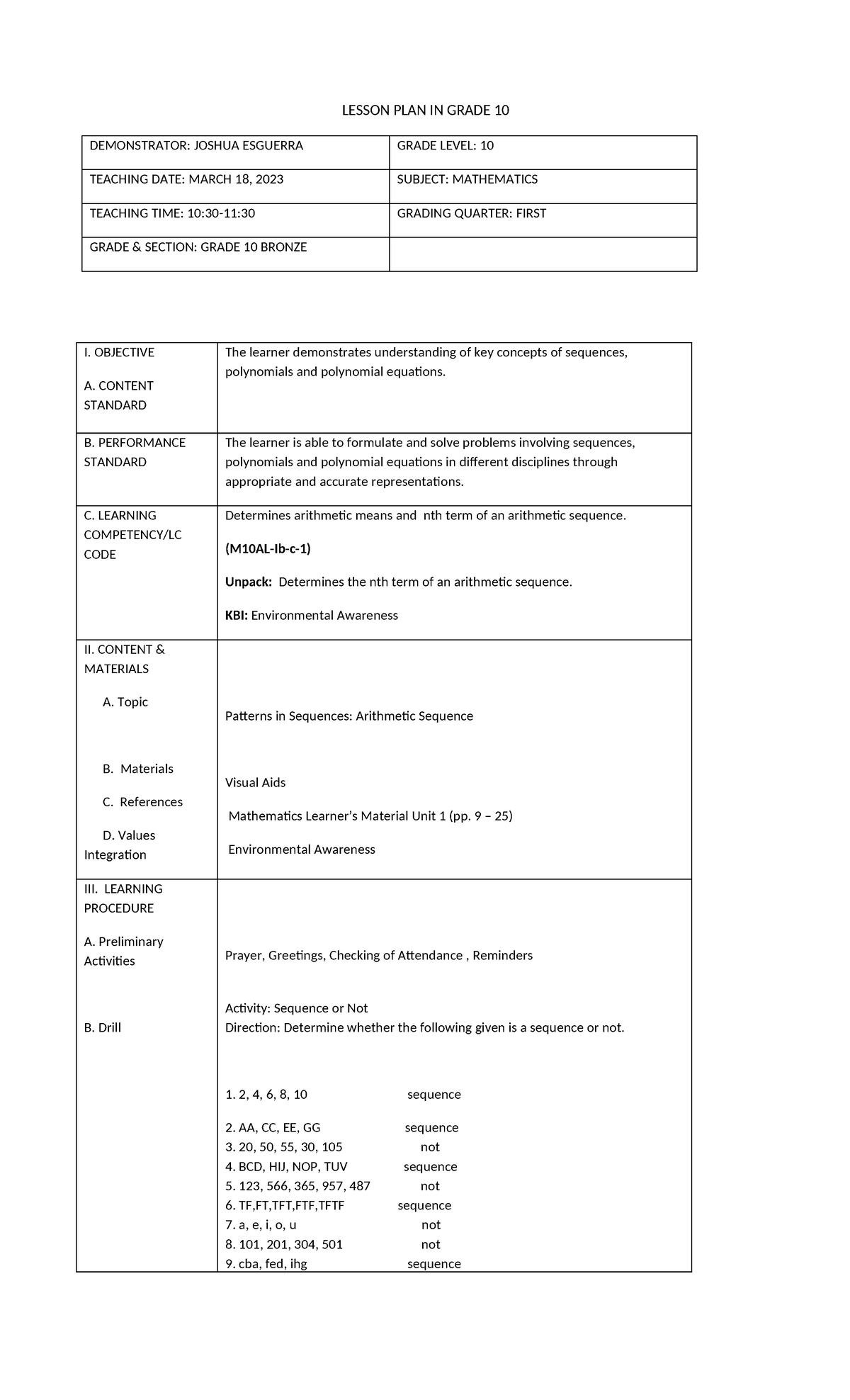 Lesson PLAN IN WPS Office - LESSON PLAN IN GRADE 10 DEMONSTRATOR ...